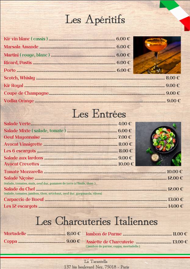 Menu at La Tarantella pizzeria, Paris