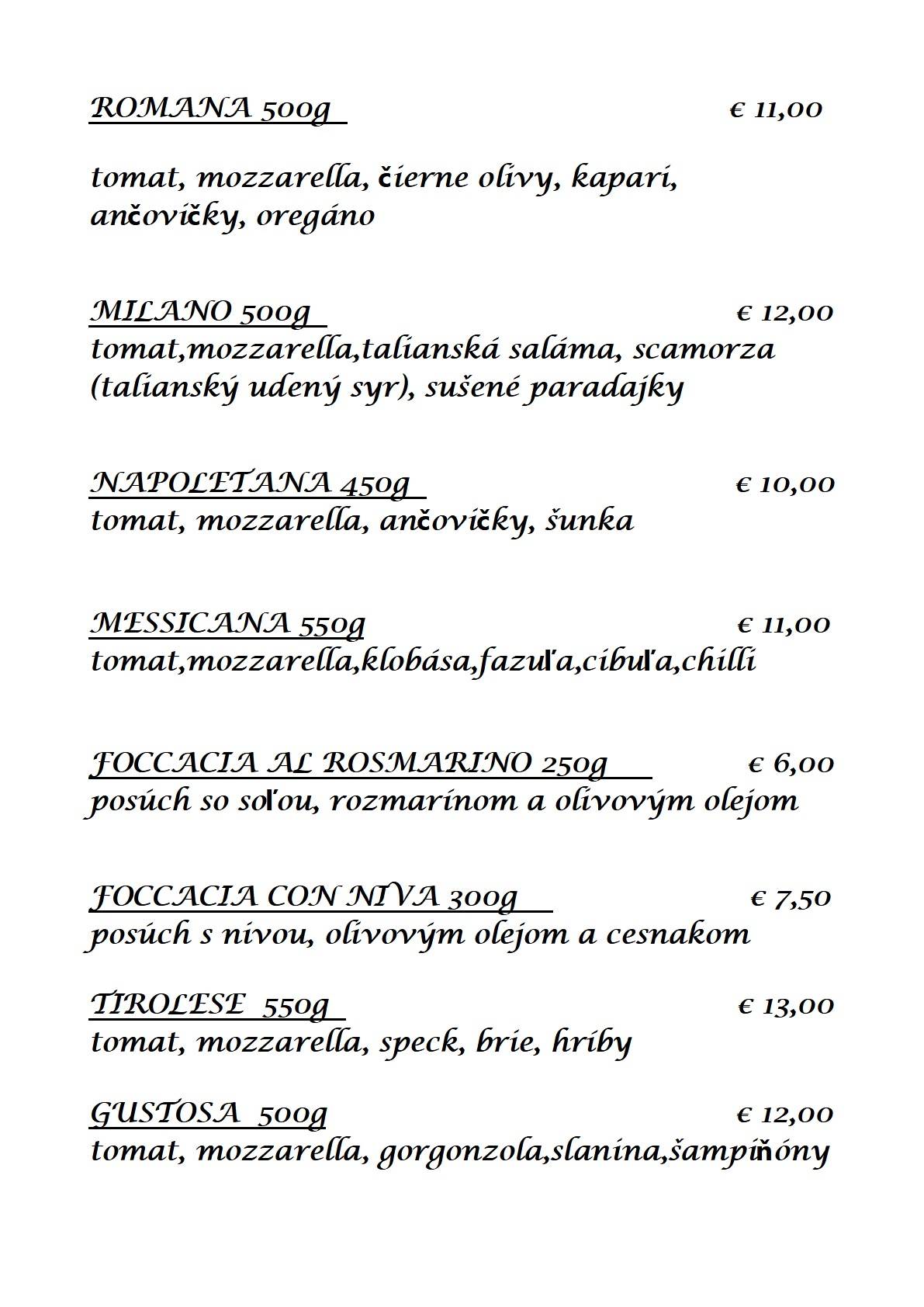 Menu at Pizzeria Leone, Prešov