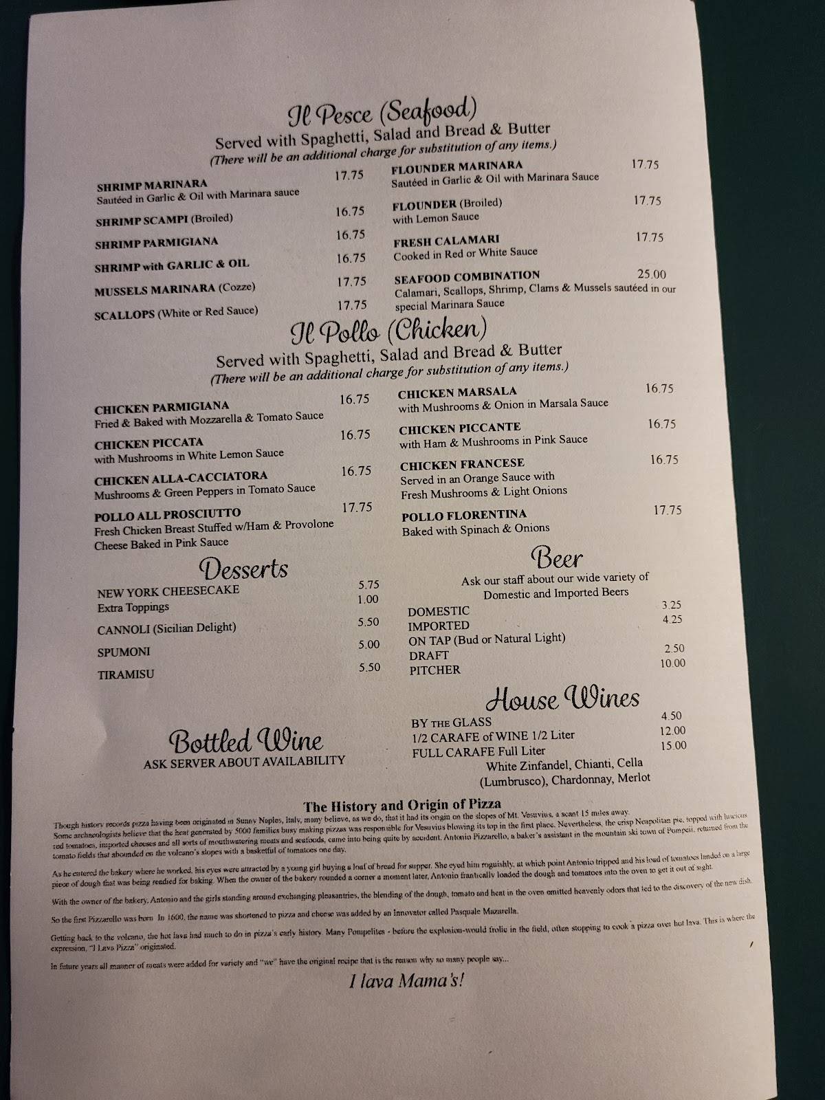 Menu at Mama's Pizza Italian Restaurant, Tarboro