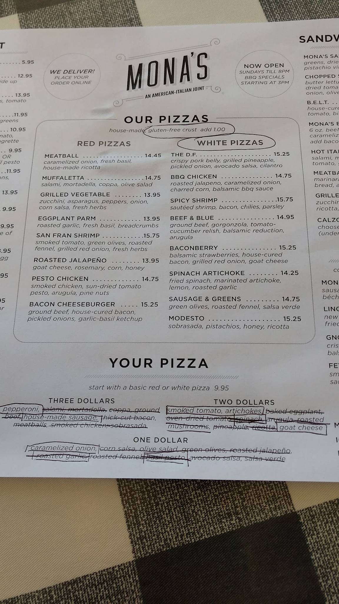 Menu at Mona's, An American-Italian Joint pizzeria, St. Louis
