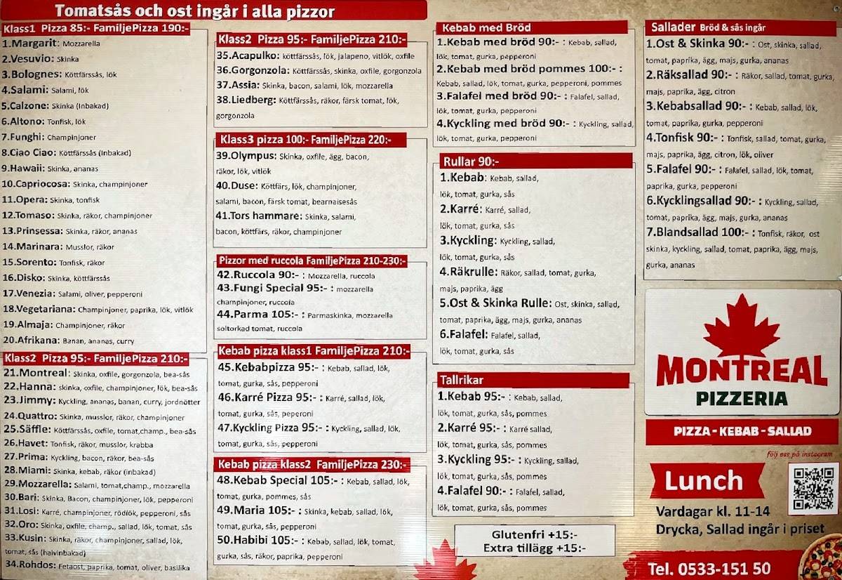 Menu at Pizzeria Montreal, Säffle