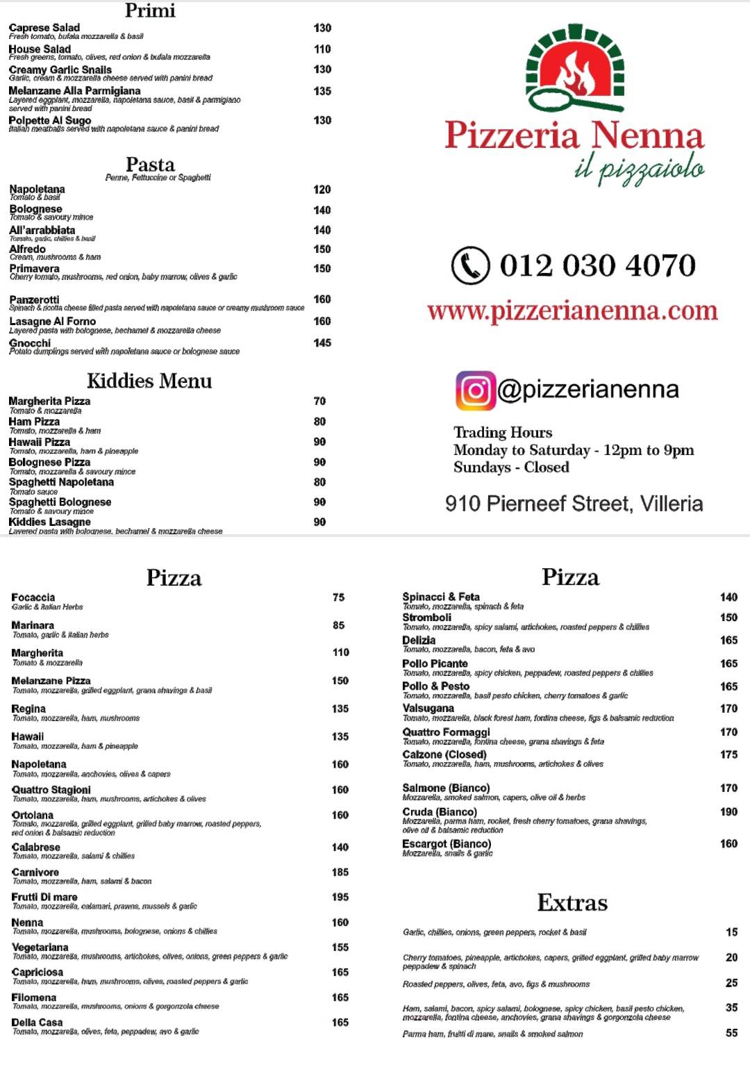 Menu at Pizzeria Nenna, Pretoria