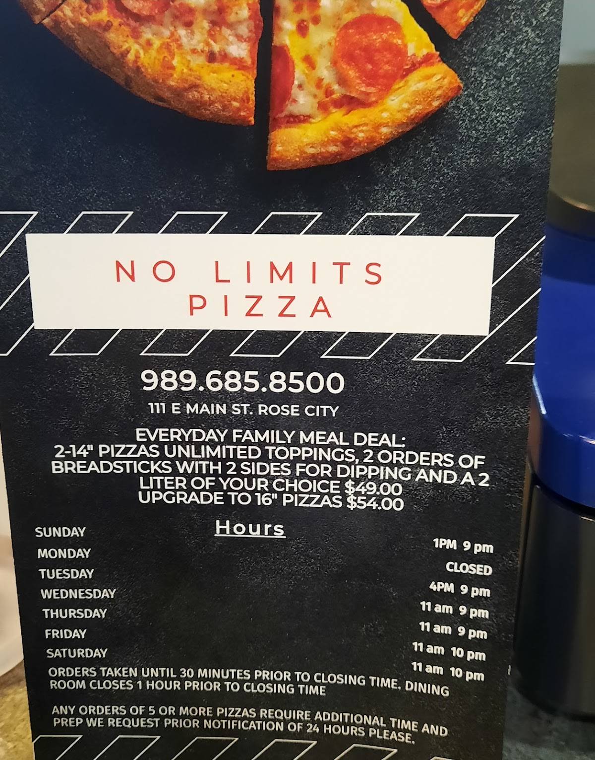 Menu at No Limits Pizza & Pool pizzeria, Rose City