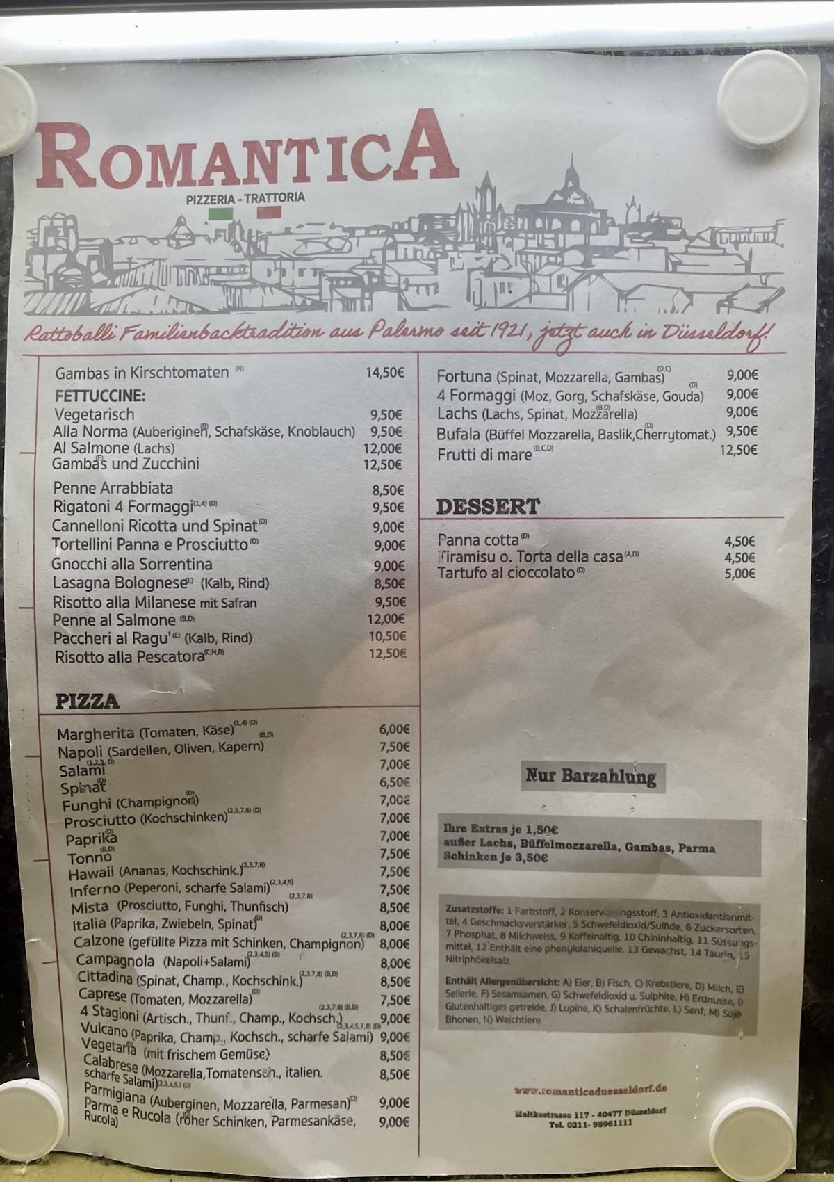 Menu at Pizzeria Romantica, Düsseldorf, Moltkestraße 117