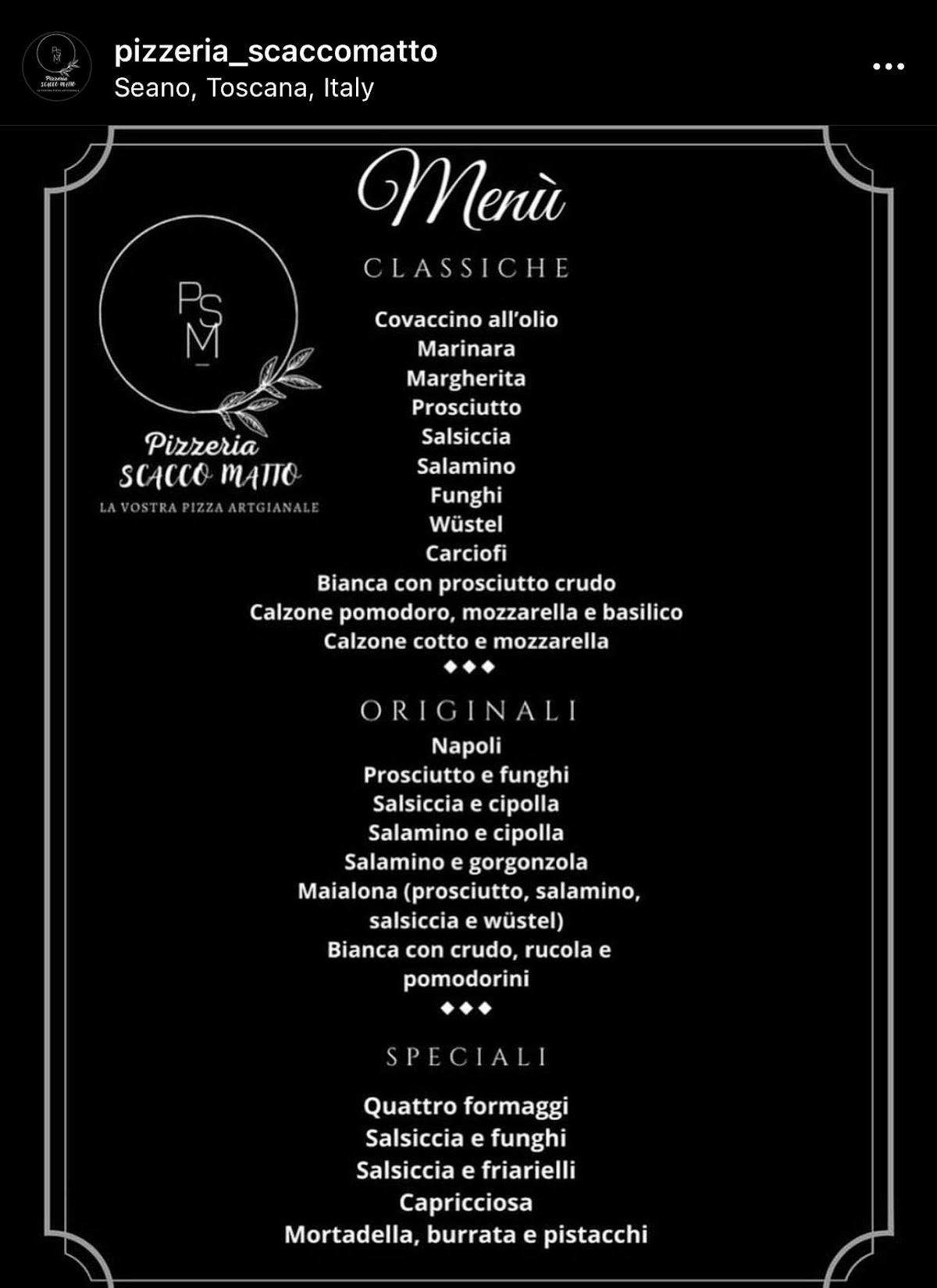 Menu at Pizzeria Scacco Matto, Seano