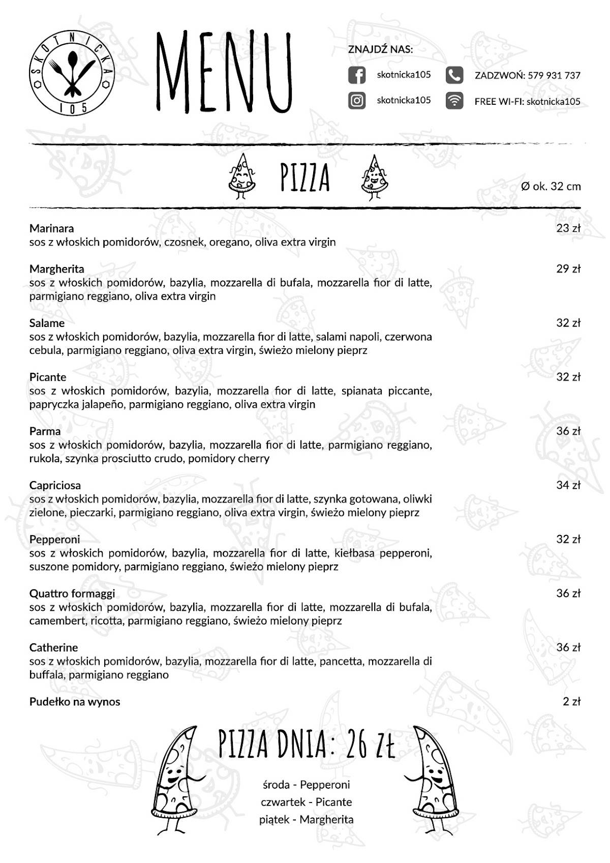 Menu at Skotnicka 105 restaurant, Kraków