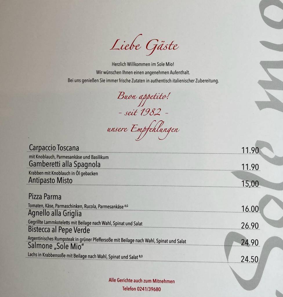 Speisekarte von Pizzeria Sole mio, Aachen
