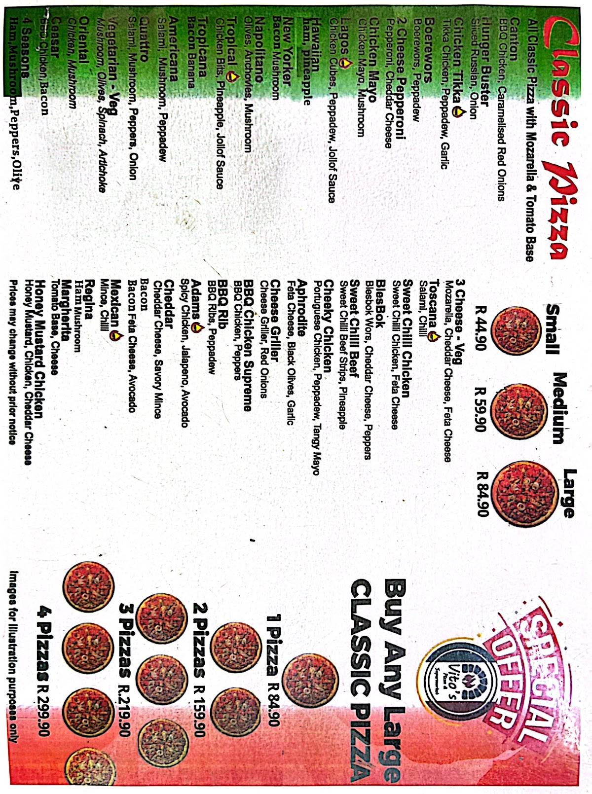 Menu at Vito's Pizza, Pasta Express & Supermarket pizzeria, Pretoria