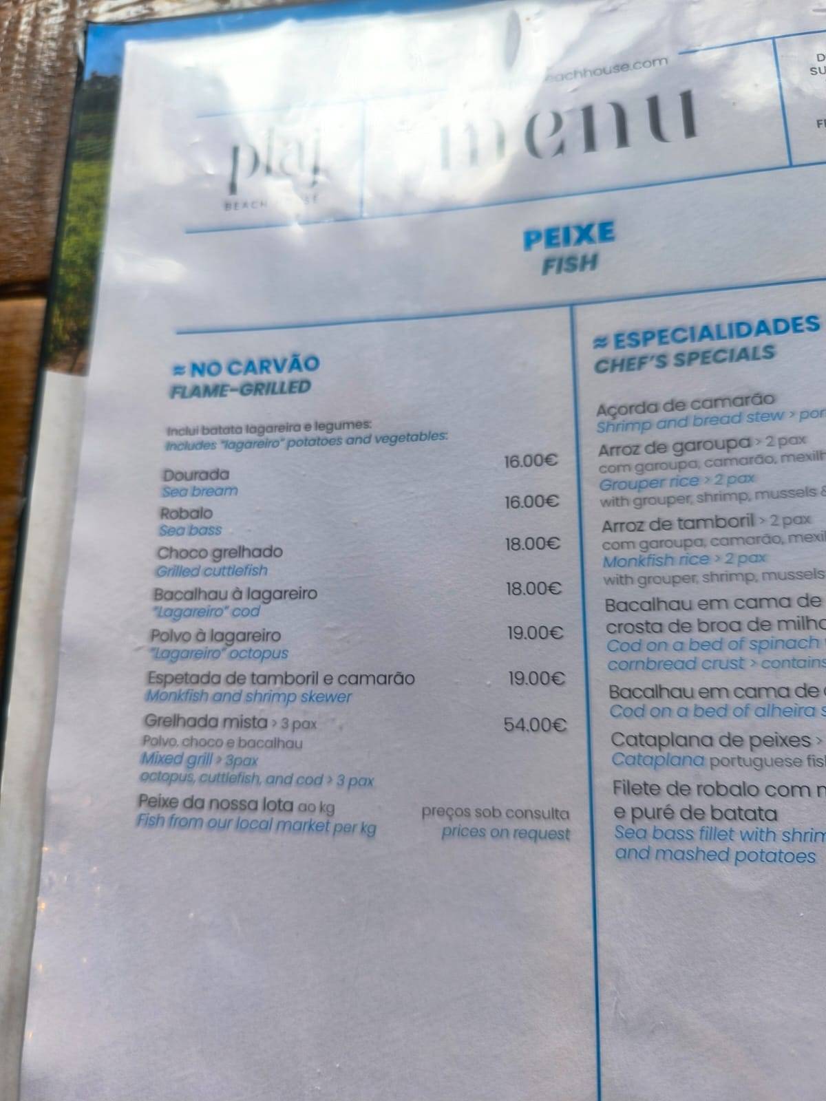 Menu at Plaj Beach House restaurant, Portugal