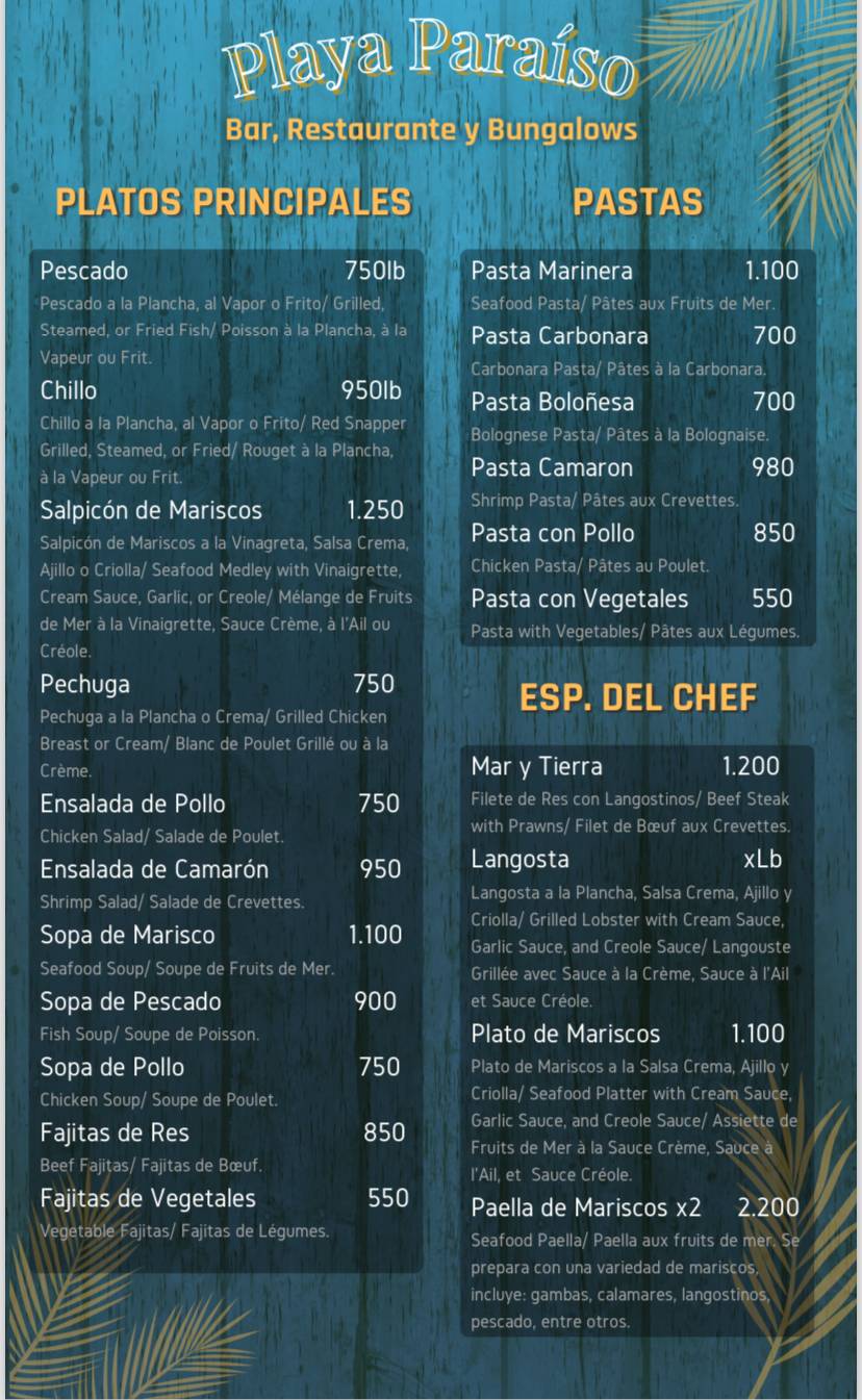 Menu at Playa Paraíso en Villa Magante pub & bar, Dominicana