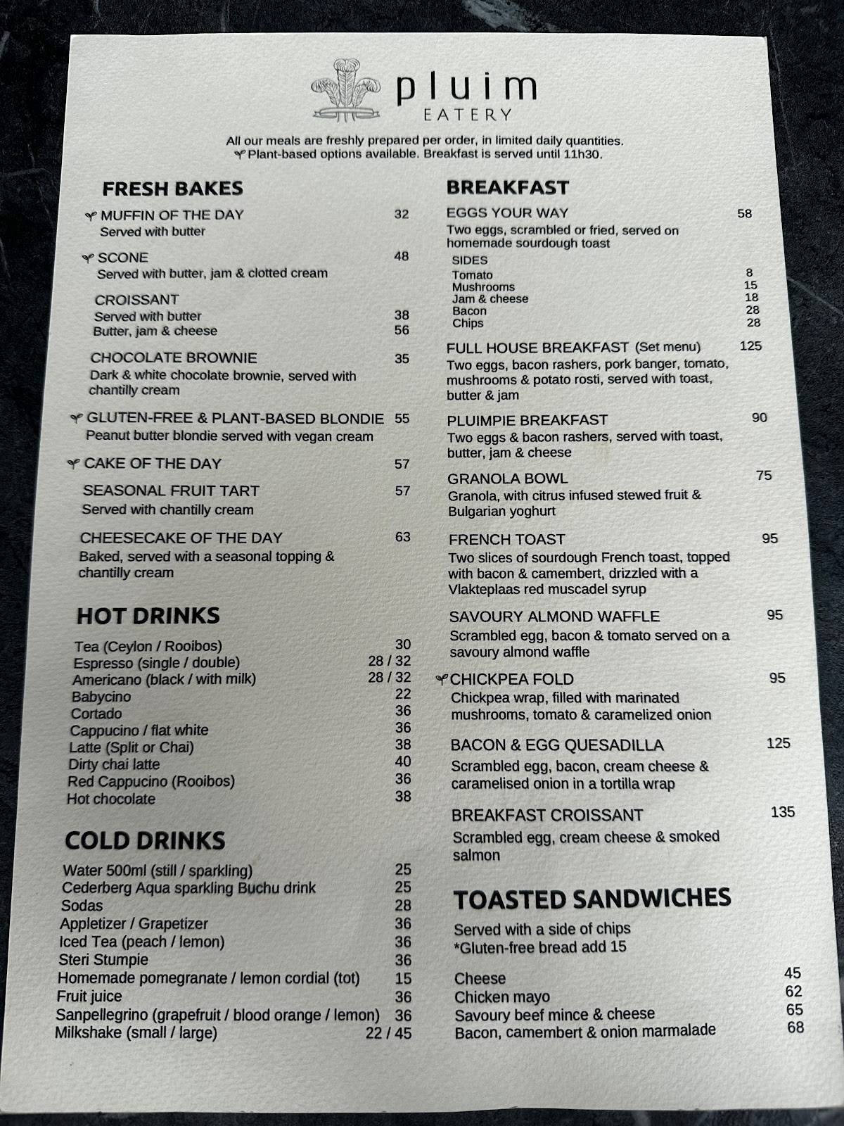 Speisekarte von Pluim Eatery De Rust restaurant, De Rust