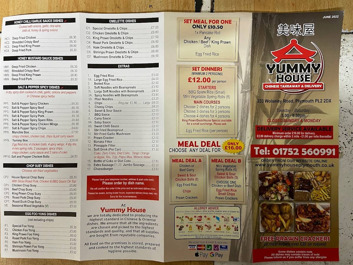 Carta de comida rápida Yummy House, Plymouth