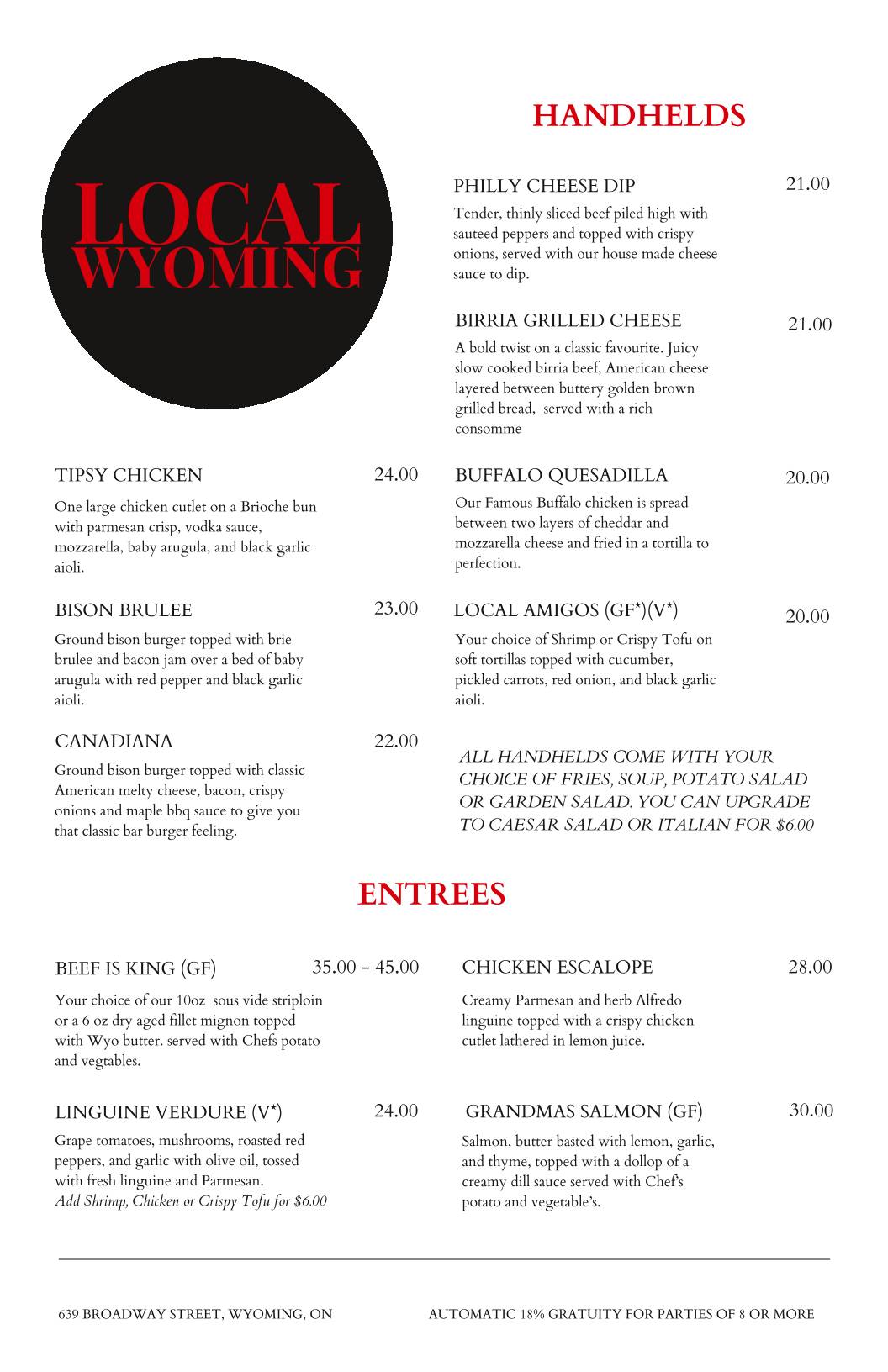 Menu at LOCAL Wyoming ON restaurant, Plympton-Wyoming