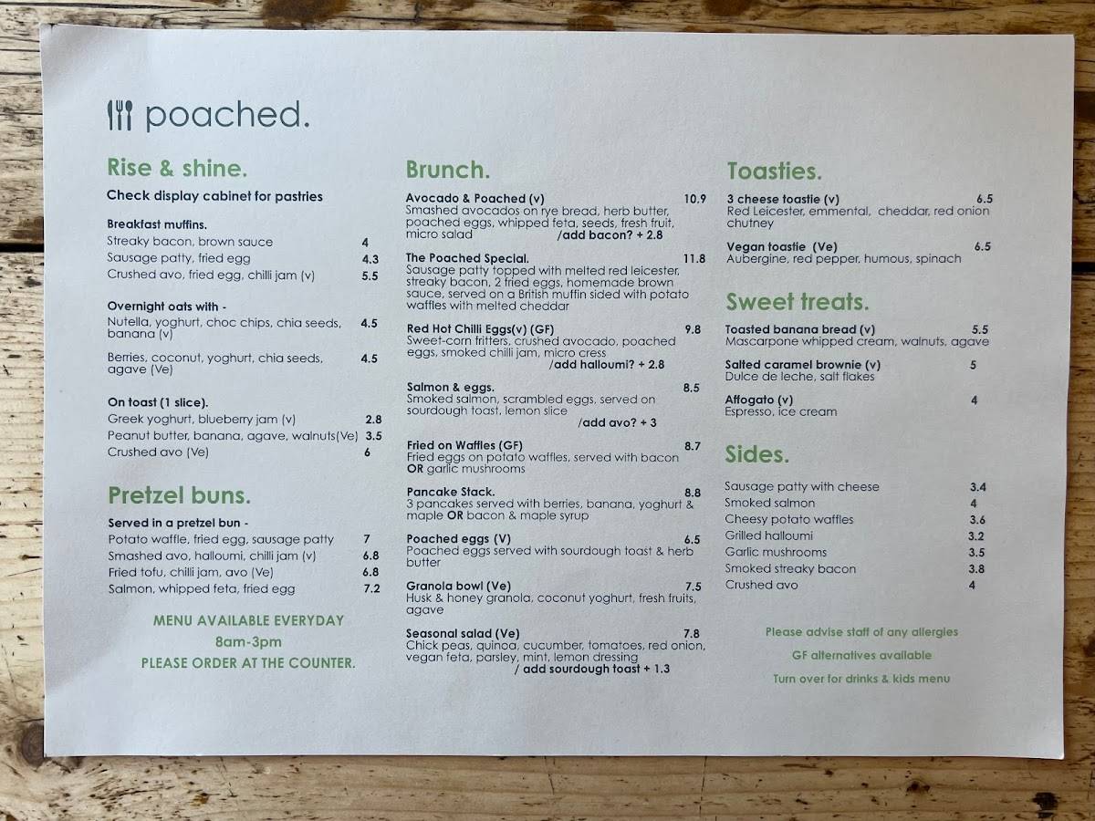 Menu at Poached Beckenham cafe, Beckenham