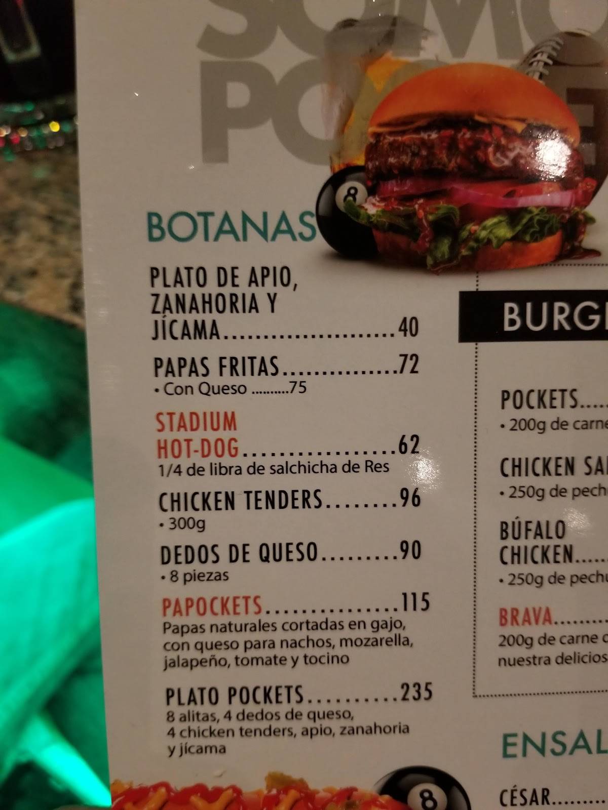 Menu at Pockets Plaza Monarca pub & bar, Tijuana