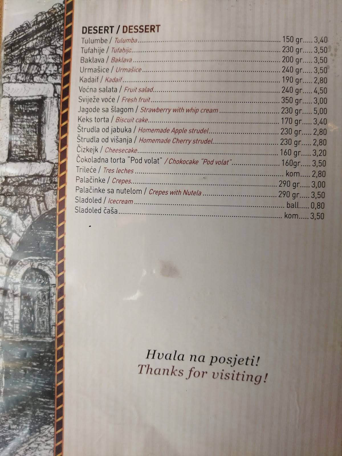 Menu at Pod Volat restaurant, Podgorica