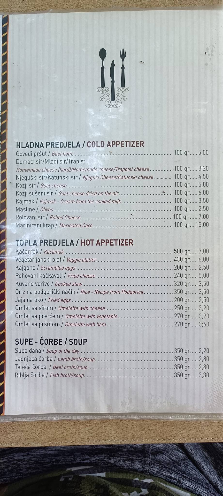 Menu at Pod Volat restaurant, Podgorica
