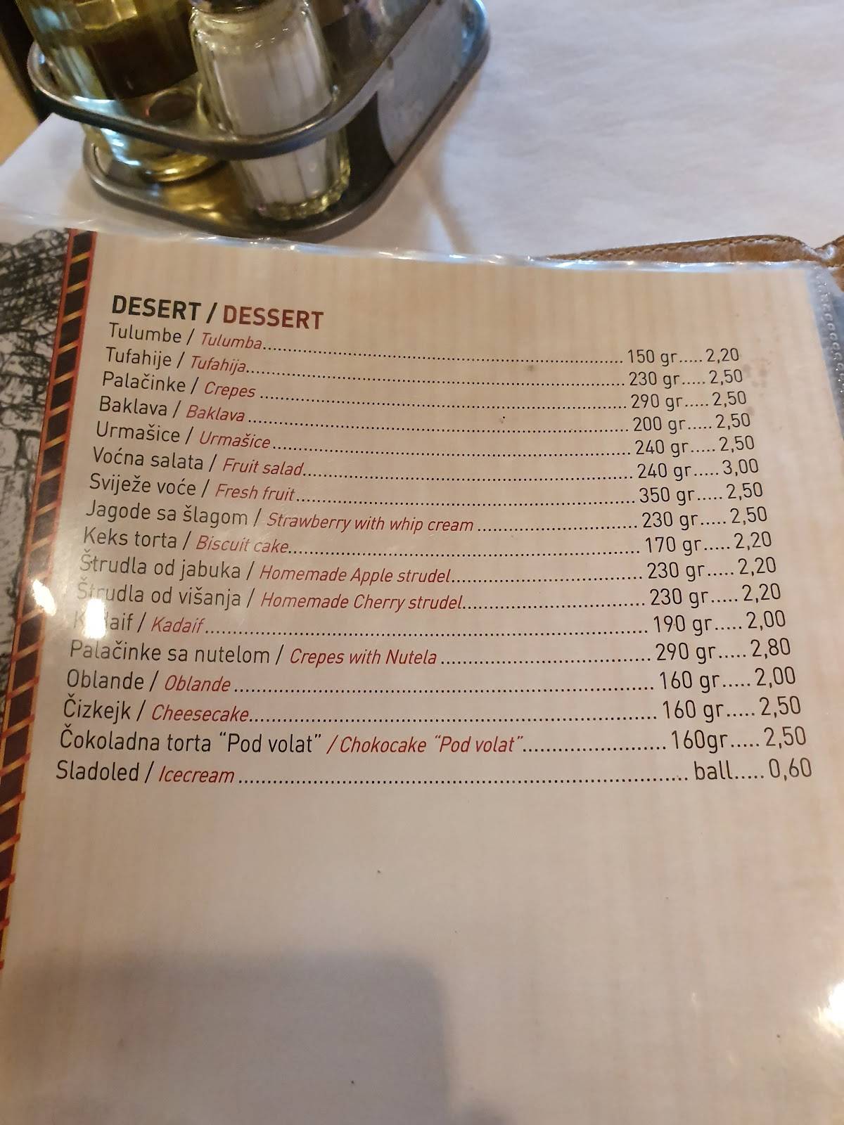 Menu at Pod Volat restaurant, Podgorica