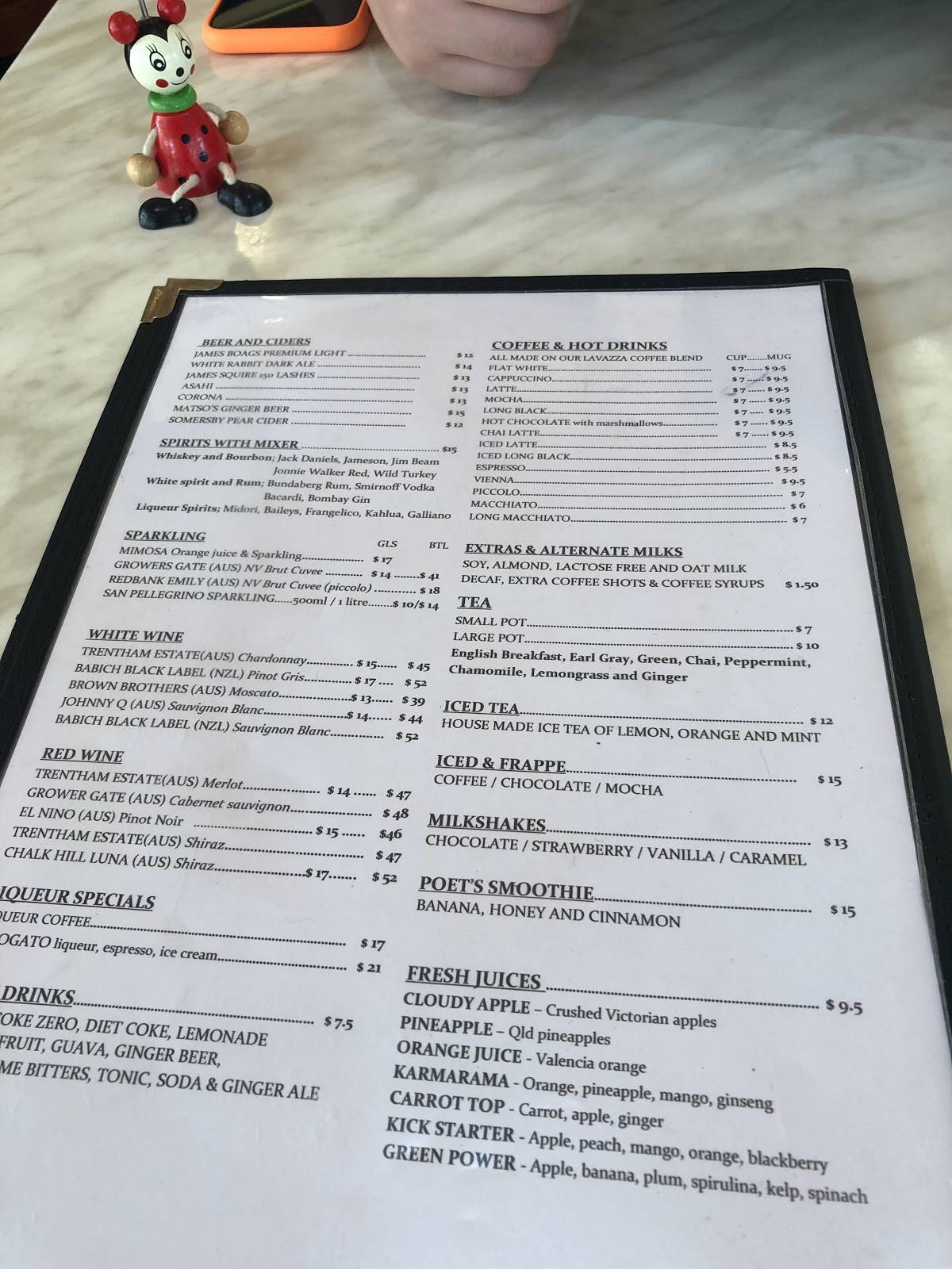 Menu at Poets Cafe, Montville