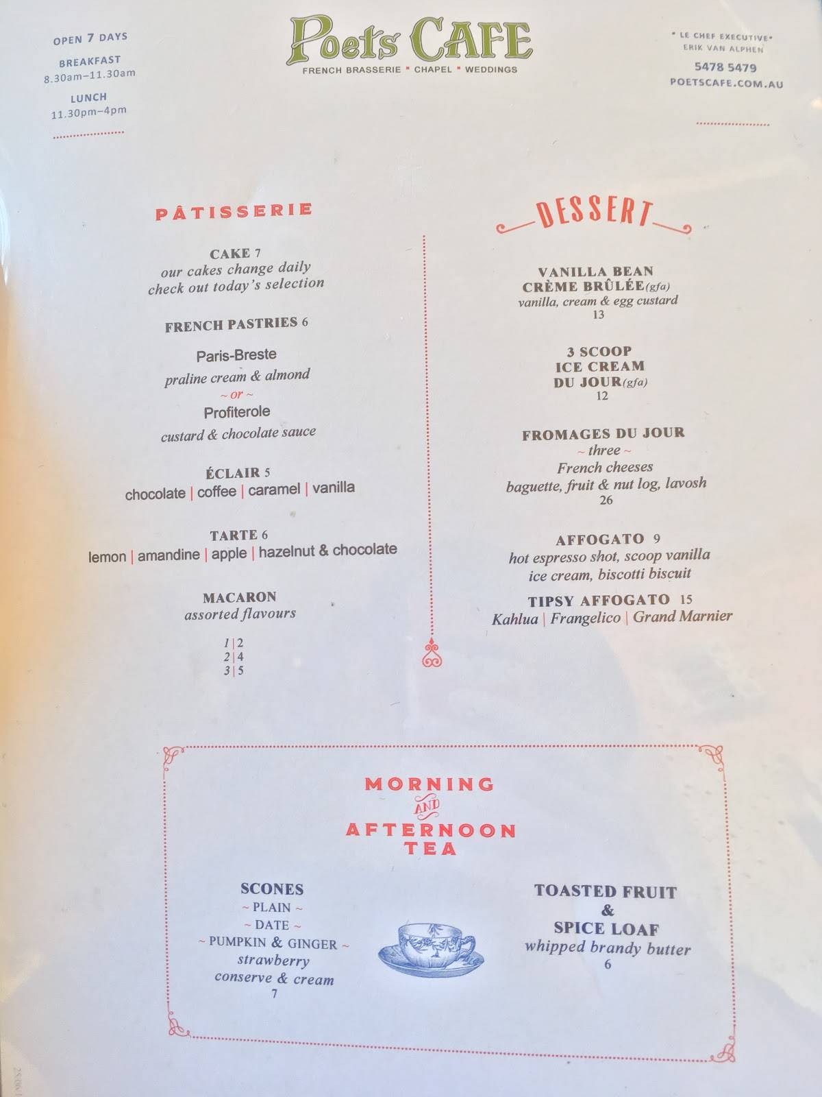 Menu at Poets Cafe, Montville