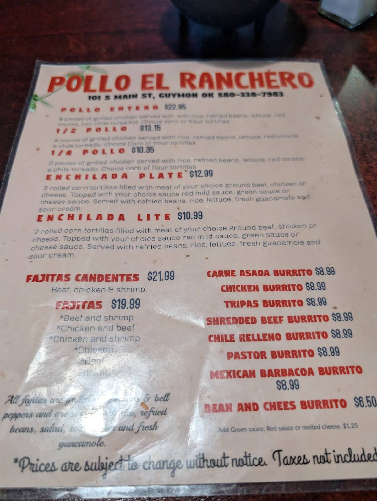 Menu at Pollo El Ranchero restaurant, Guymon, 101 S Main St
