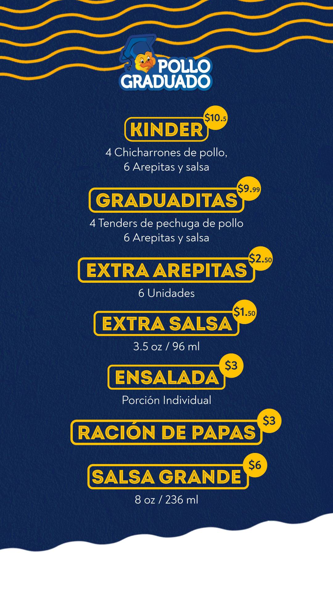 Carta del restaurante Pollo Graduado, Doral