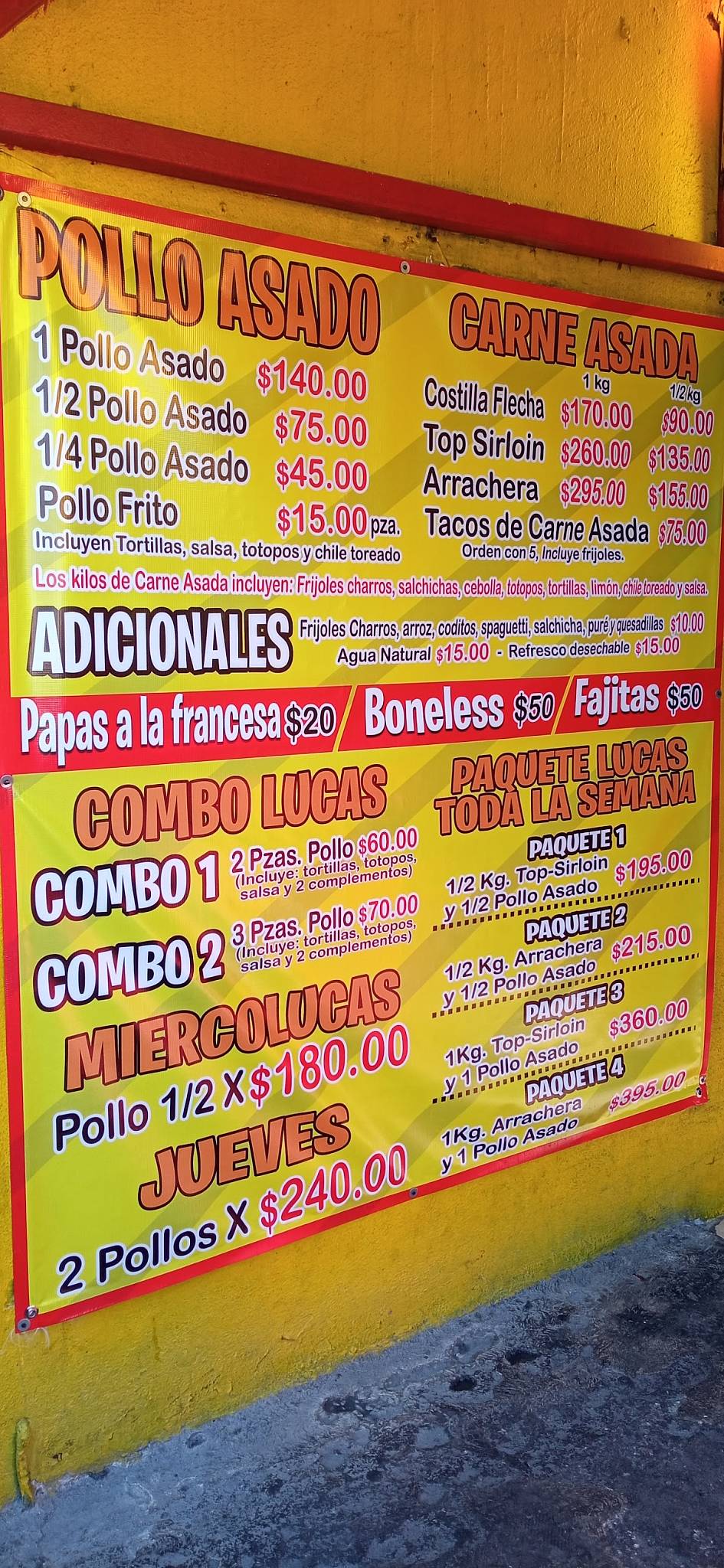 Carta del restaurante Pollo Lucas, Monterrey