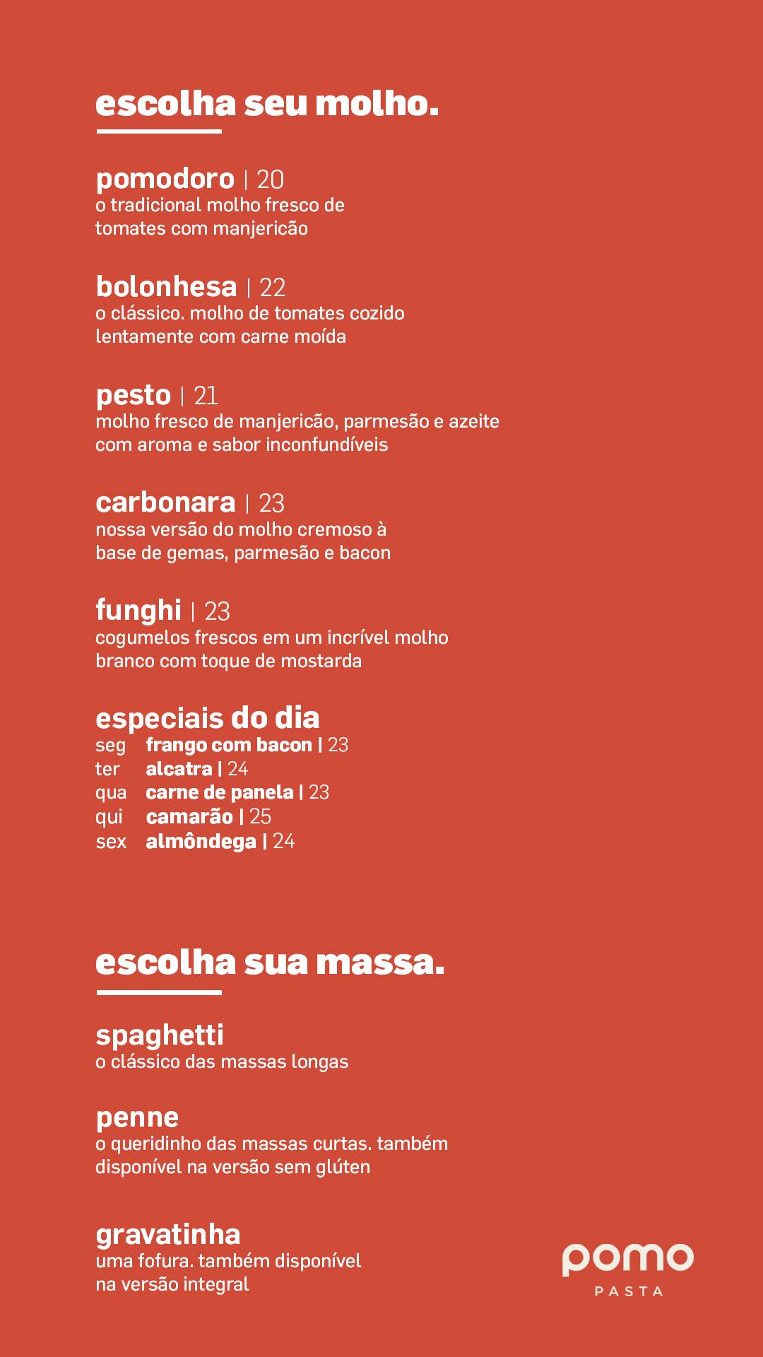 Menu at Pomo Pasta restaurant, Florianópolis