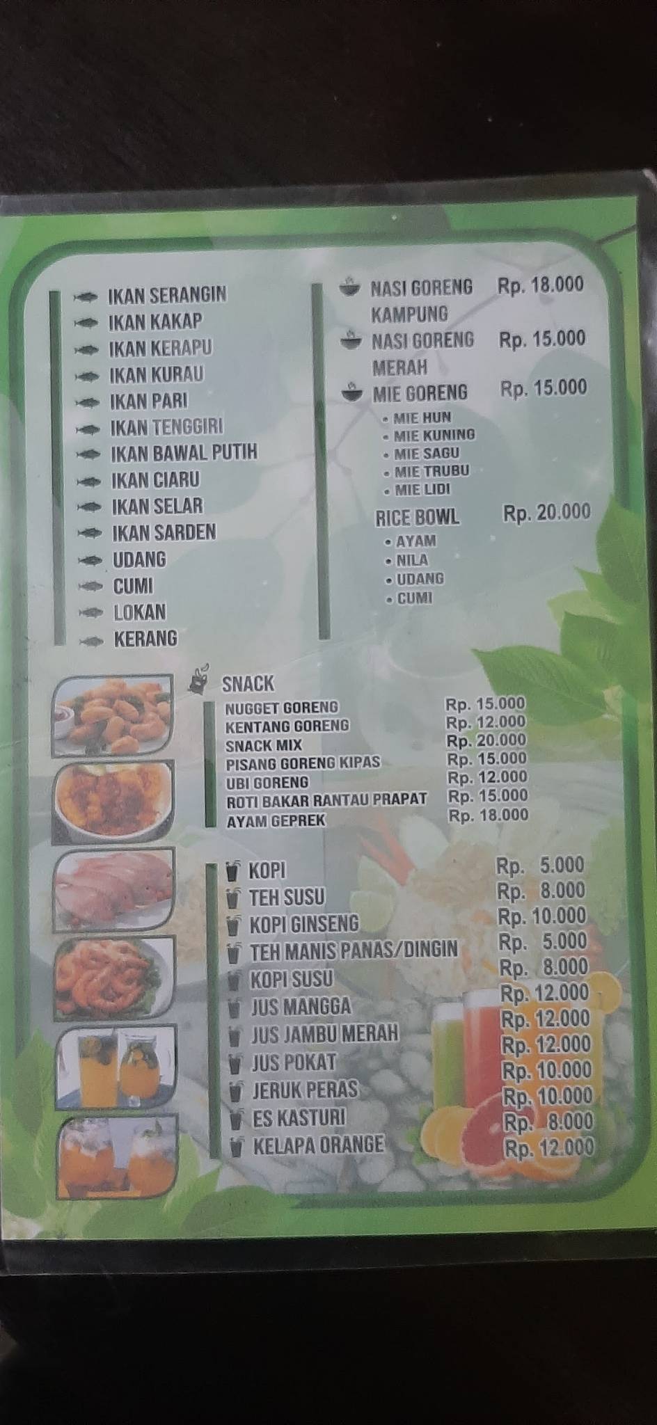 Menu at Pondok Ikan Bakar Laut restaurant, Air Jamban