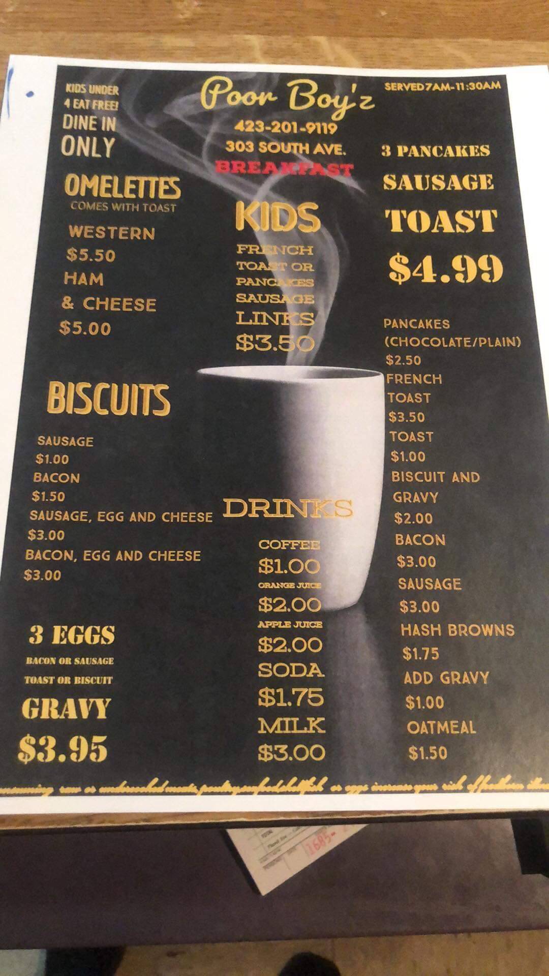 Menu at Poor Boyz restaurant, LaFollette