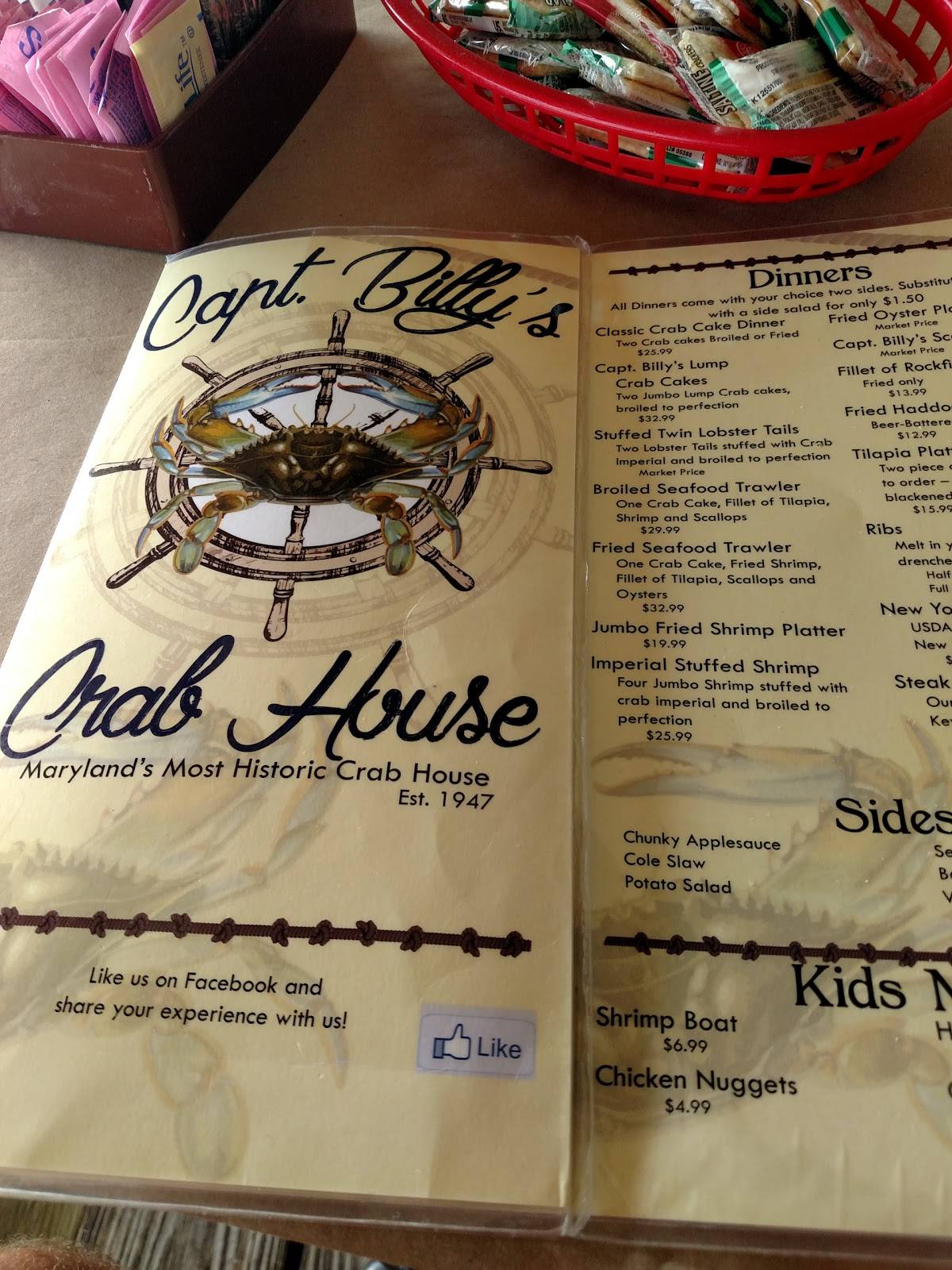 Menu at Captain Billy's Crab House restaurant, Popes Creek