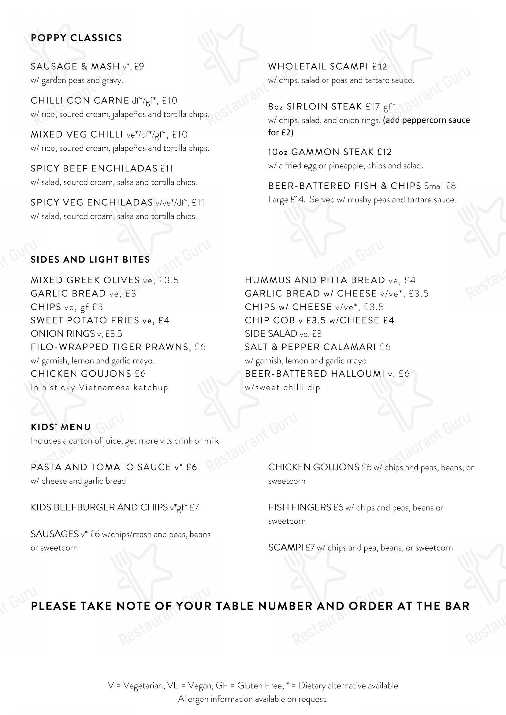 Menu at Poppy & Pint pub & bar, Nottingham