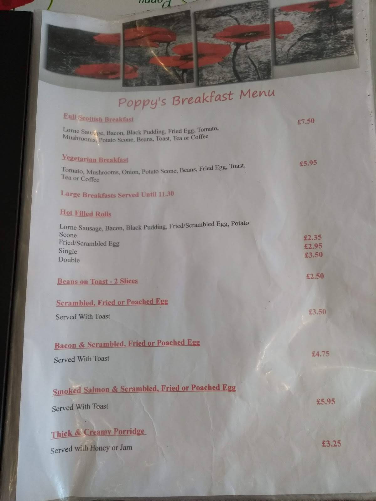Menu at Poppy's Coffee Shop cafe, Golspie