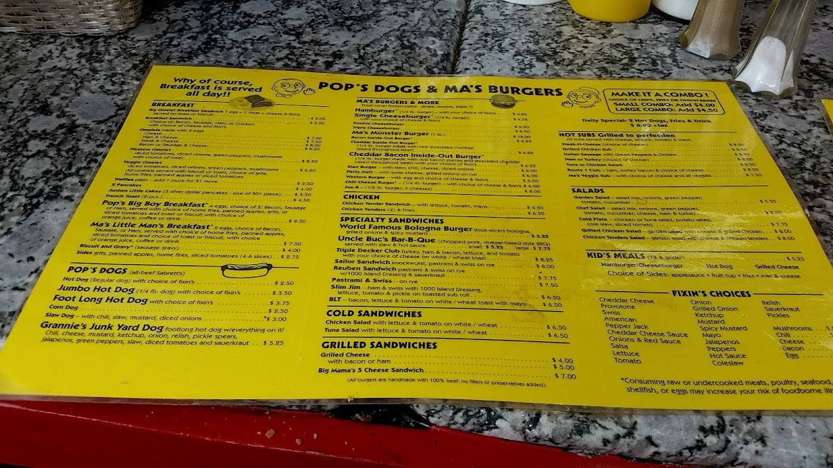 Menu at Pop's Dogs & Ma's Burgers restaurant, Richmond