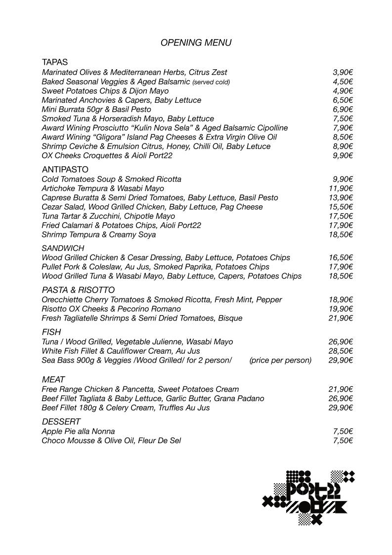 Menu at Port 22 pub & bar, Dubrovnik