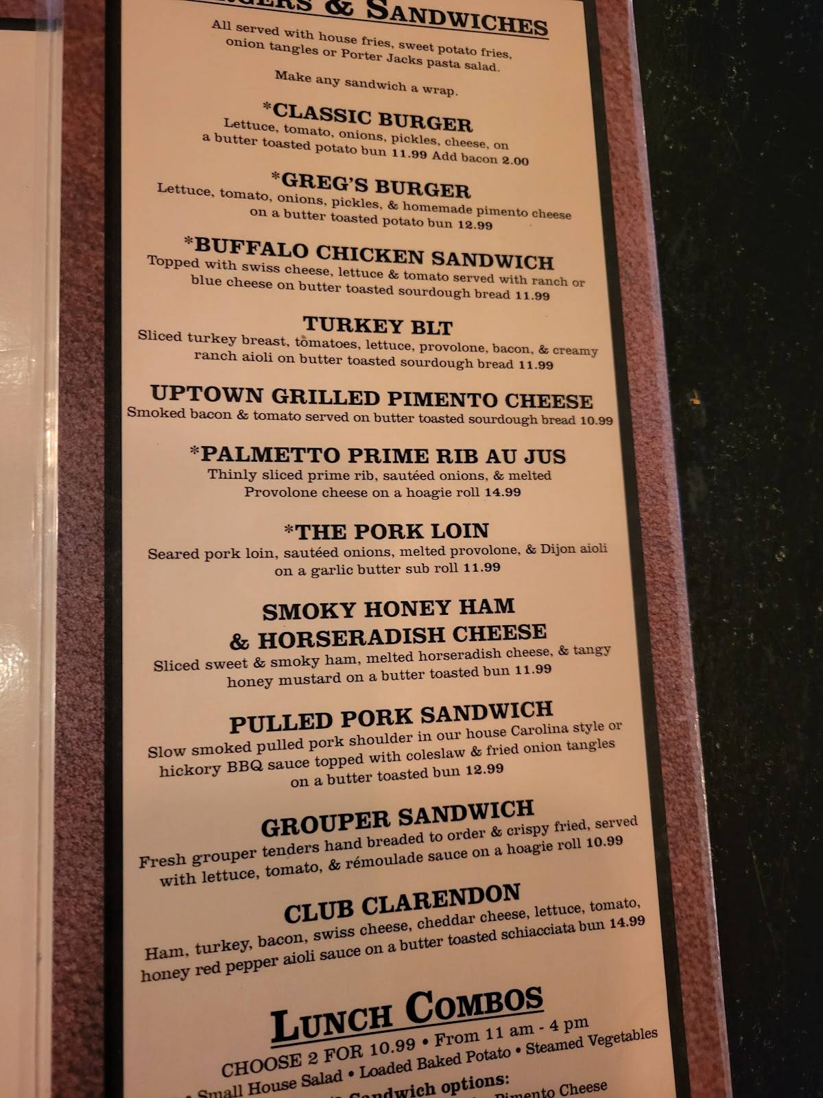 Menu at Porter Jacks Grill steakhouse, Manning