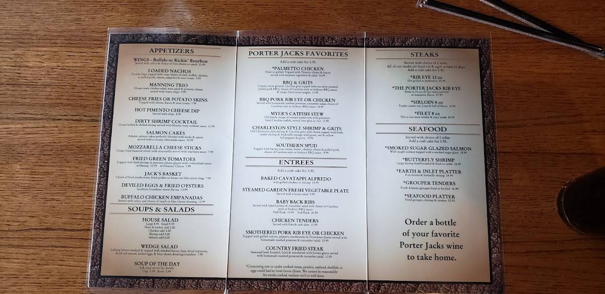 Menu at Porter Jacks Grill steakhouse, Manning
