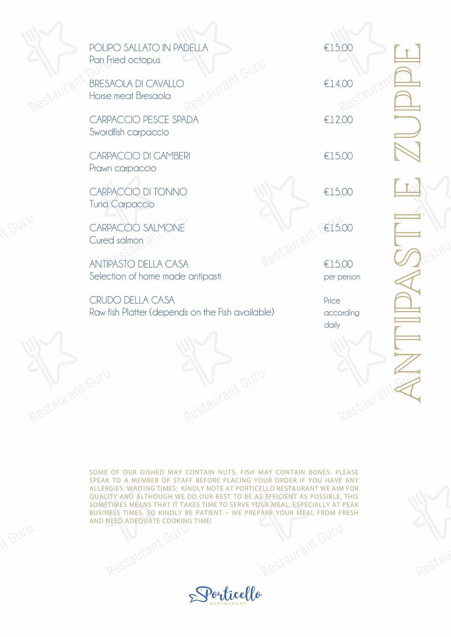 Menu at Porticello Restaurant, Valletta