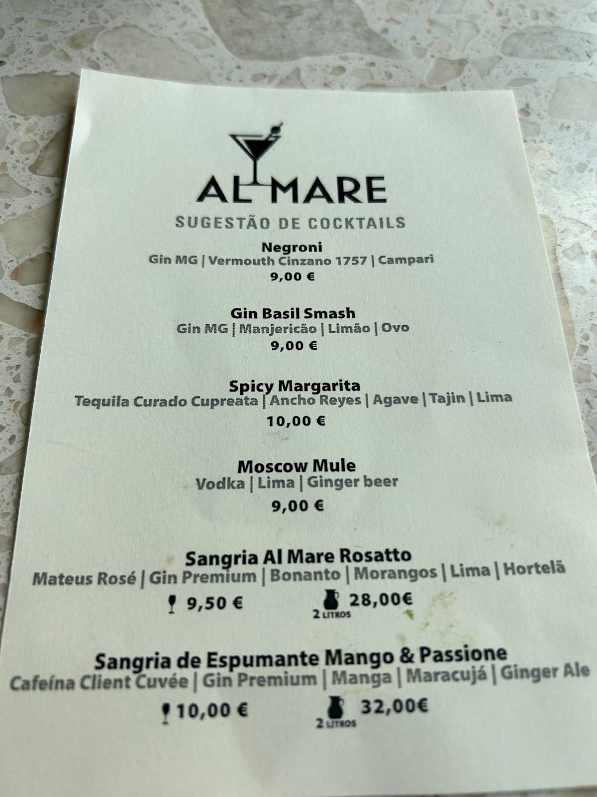 Menu at Al Mare restaurant, Porto
