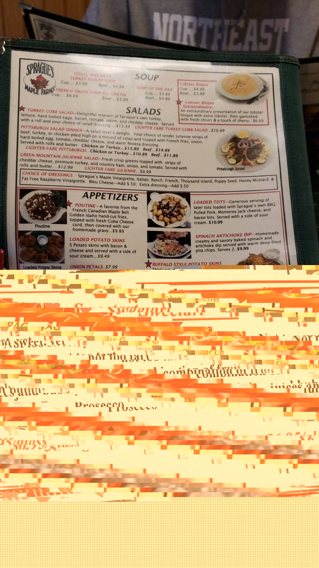 Menu at Sprague's Maple Farms restaurant, Portville
