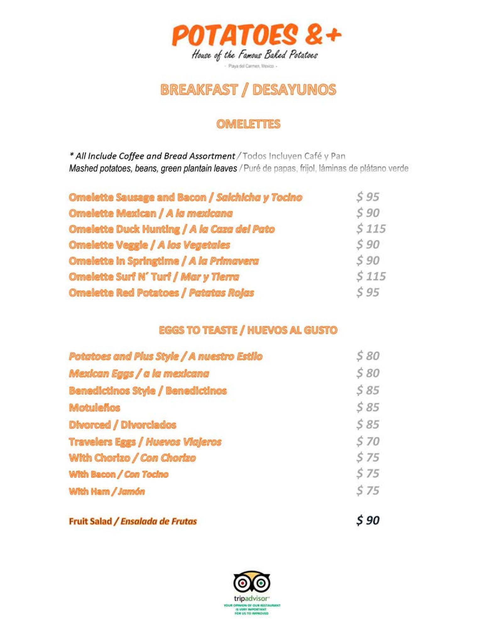 Menu at Potatoes and Plus fast food, Playa del Carmen
