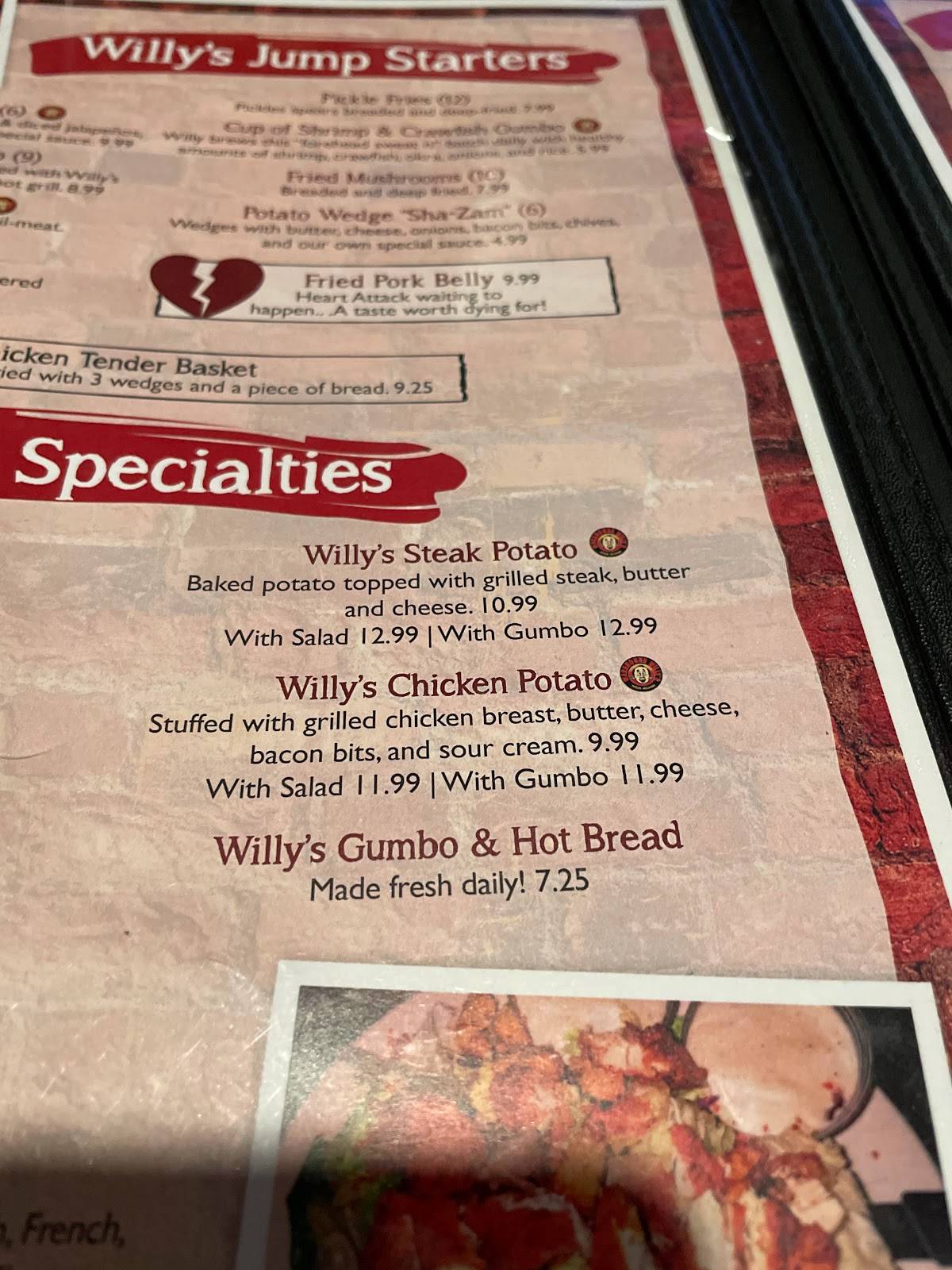 Menu at Warehouse Willy's steakhouse, Poteau