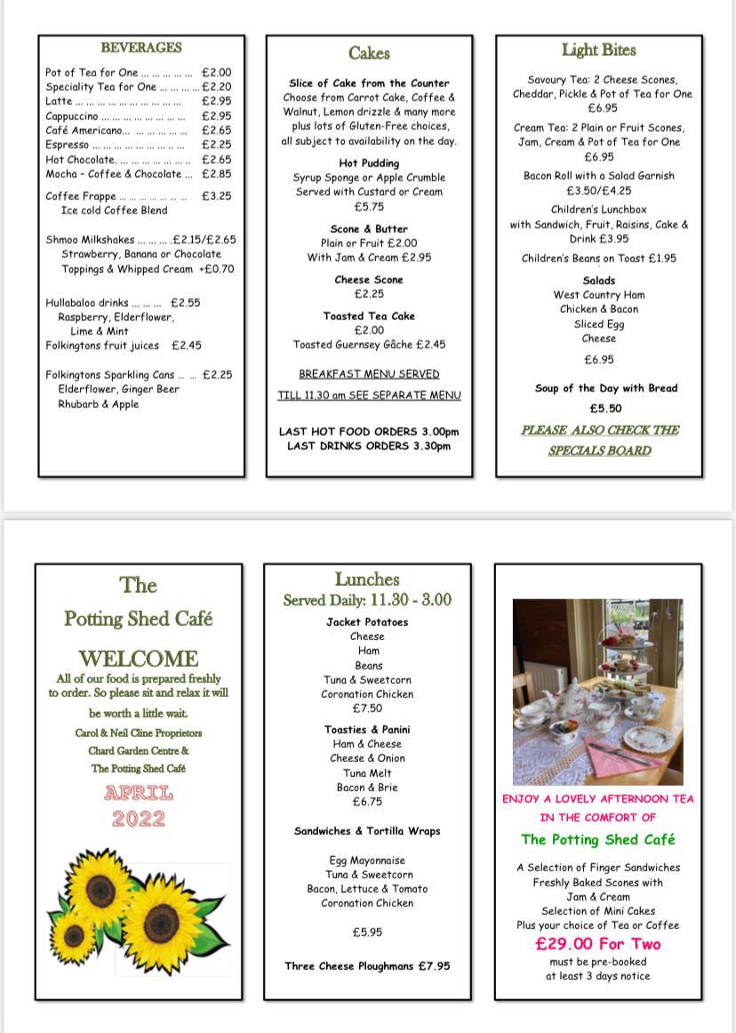 Menu at The Potting Shed Cafe, Chard