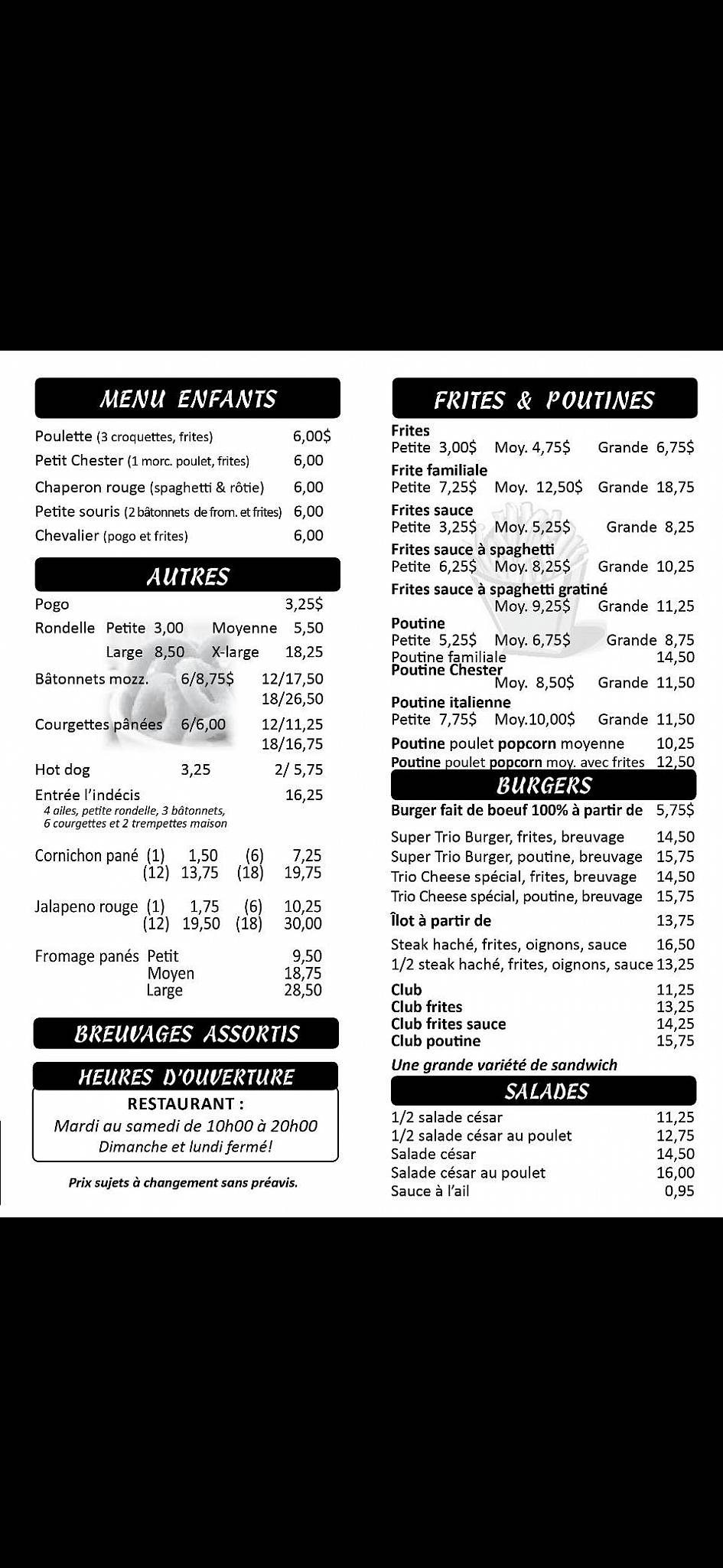 Menu au Poulet Frit Chester restaurant, Ville-Marie