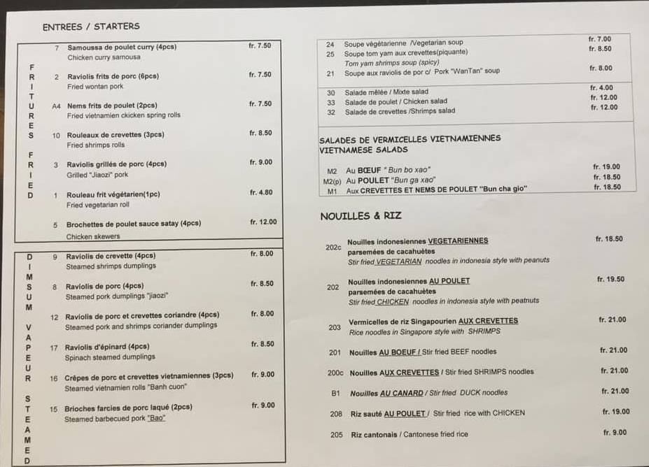 Speisekarte von Pousse-Pousse, Genf