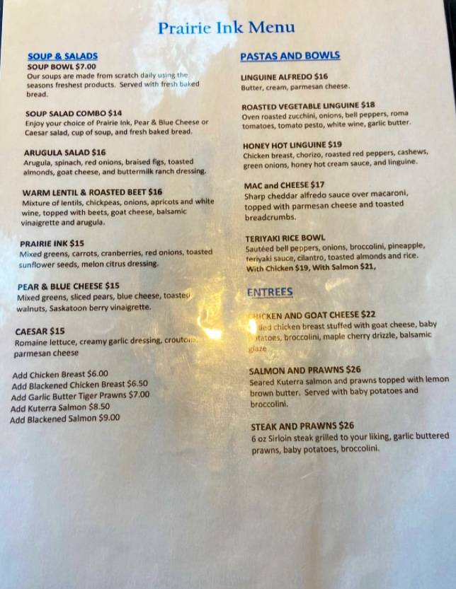 Menu at Prairie Ink Restaurant, Saskatoon