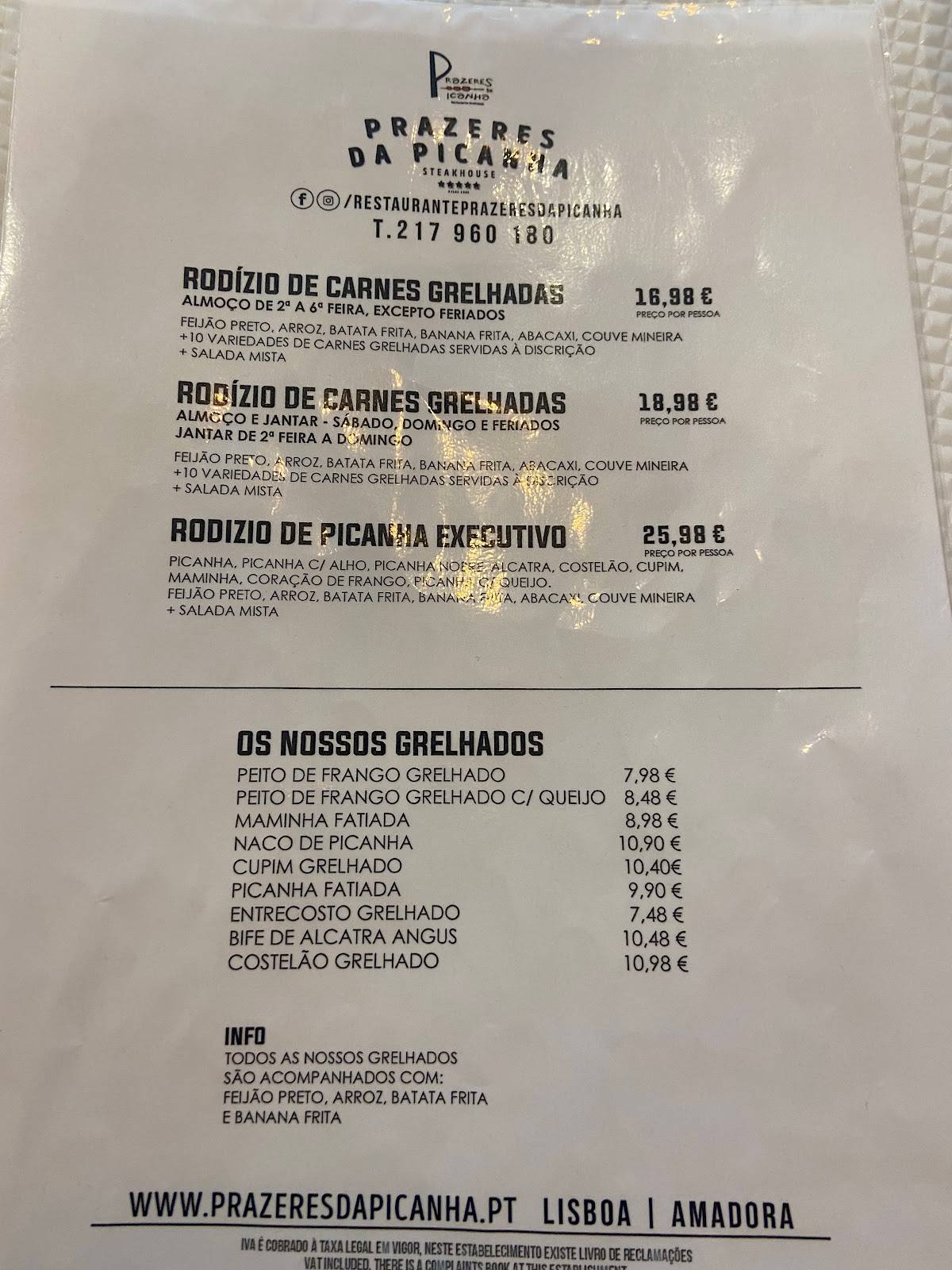 Menu at Prazeres da Picanha steakhouse, Lisbon, Av. Barbosa du Bocage 48