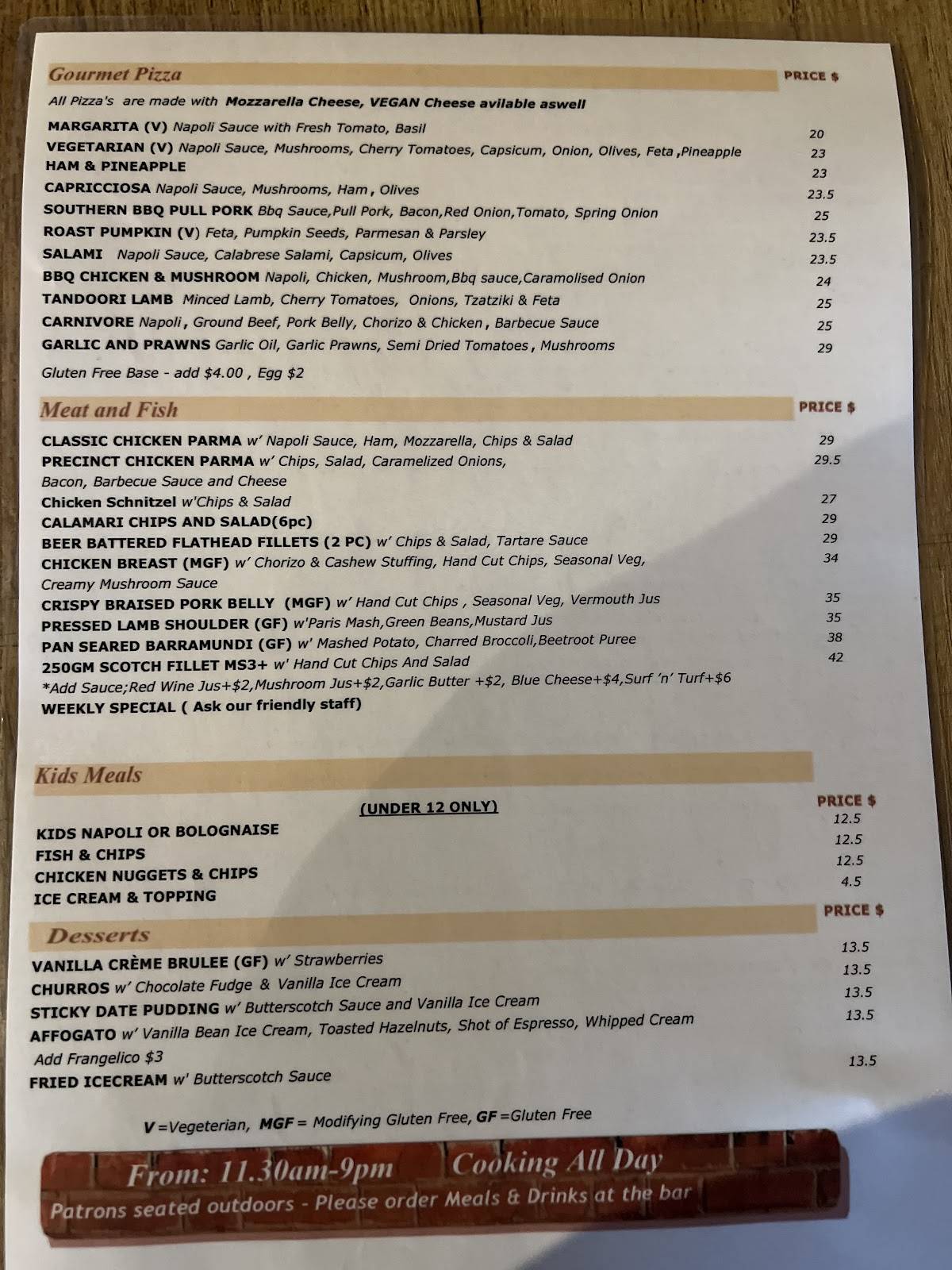 Menu at Precinct Bar & Restaurant, Wangaratta