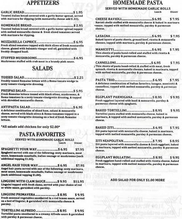 Menu at Prespa's Italian Restaurant 1, Arlington, W Arkansas Ln