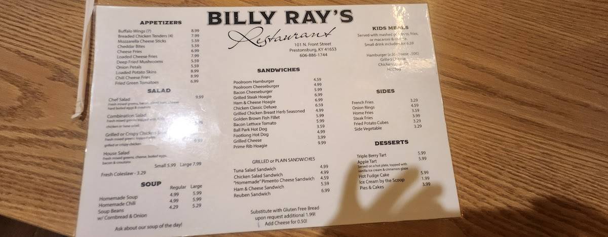 Menu at Billy Ray's Restaurant, Prestonsburg, 101 N Front St